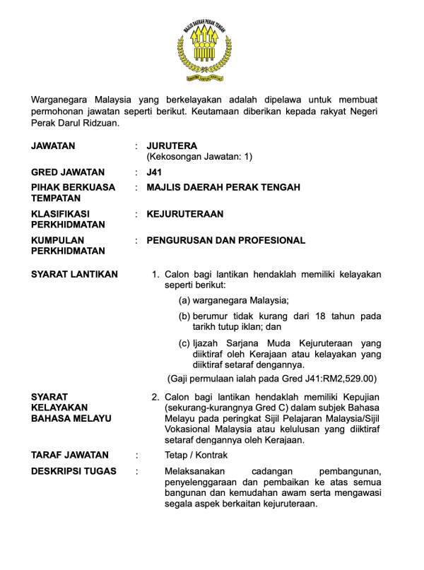 Iklan Jawatan Kosong Majlis Daerah Perak Tengah • Portal Kerja Kosong Graduan